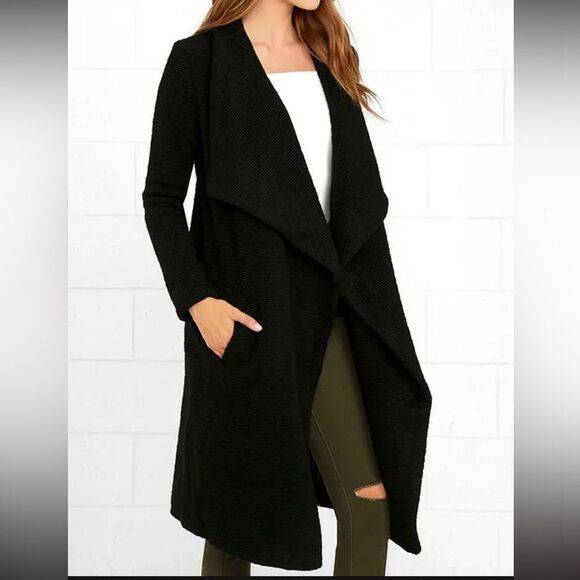 BB Dakota | Jackets & Coats | Wool Draping Front Mid Length Black Coat ...